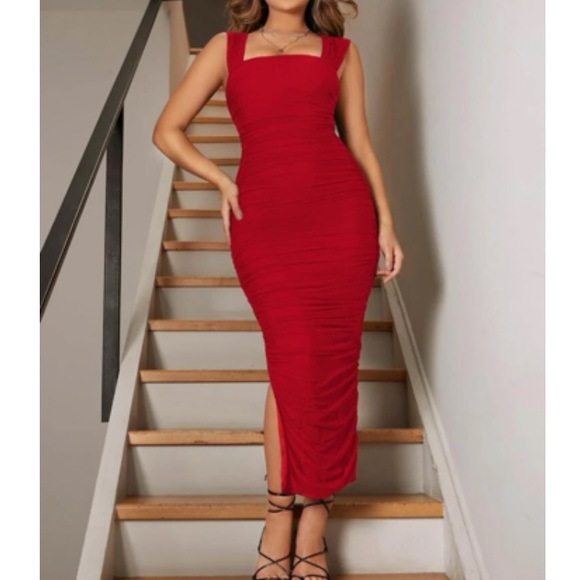 Dresses | Luxe Red Sexy Backless Ruched Slit Bodycon Dress | Poshmark